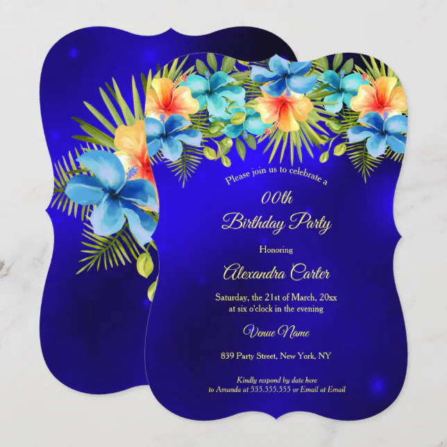 Blue yellow Hibiscus Tropical Floral Party Invitation | Zazzle