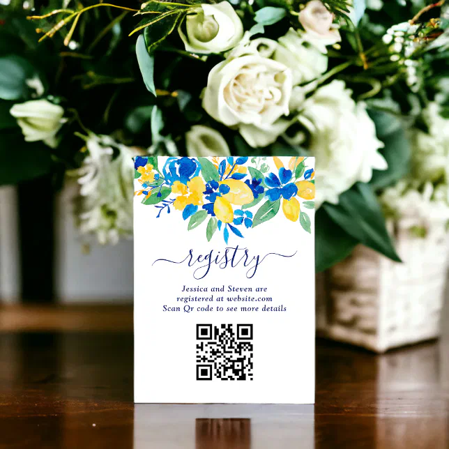 Blue yellow lemons floral bridal shower registry enclosure card | Zazzle
