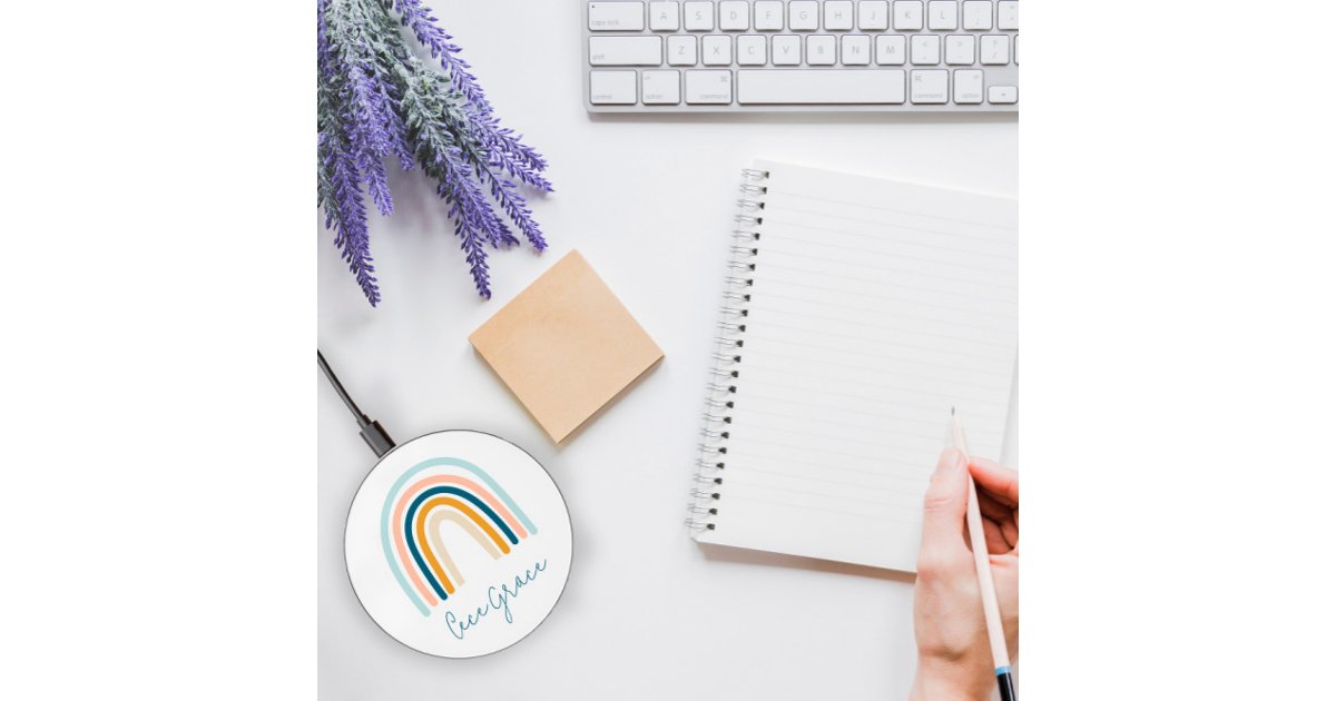 Blue yellow rainbow cute personalised elegant wireless charger | Zazzle