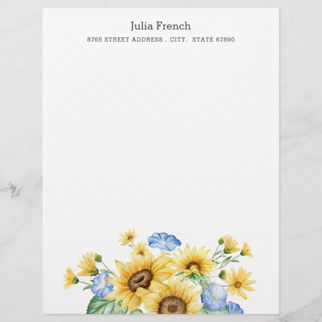 Blue Yellow Sunflowers Summer Personalize Letterhead | Zazzle