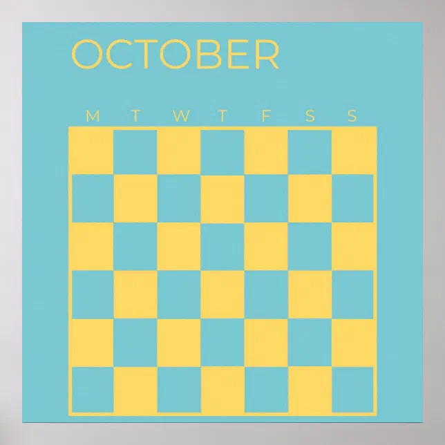 Blue Yellow Undated Checkered October Calendar Poster | Zazzle