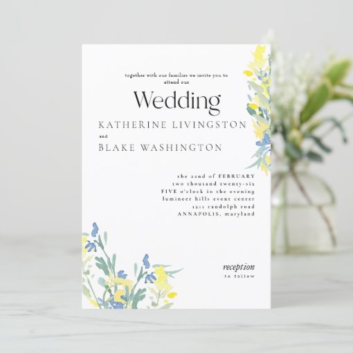 Blue & Yellow Wildflower Colorful Wedding Invitation | Zazzle