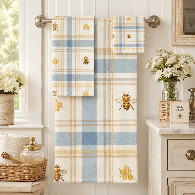 Bluebell Honeybee Plaid Cheerful Bath Towel Set | Zazzle
