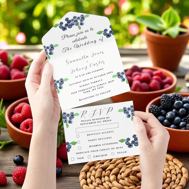 Blueberries Berries Fruit Elegant Rustic Wedding All In One Invitation ...