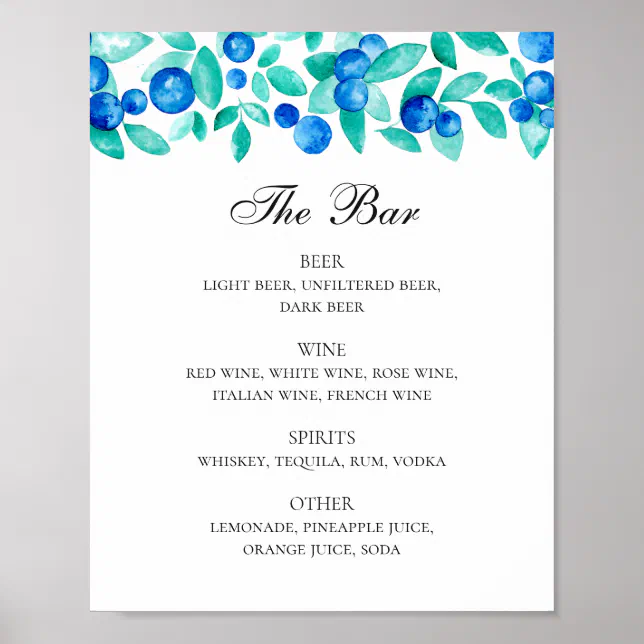 Blueberries. Blue and mint wedding drinks bar menu Poster | Zazzle