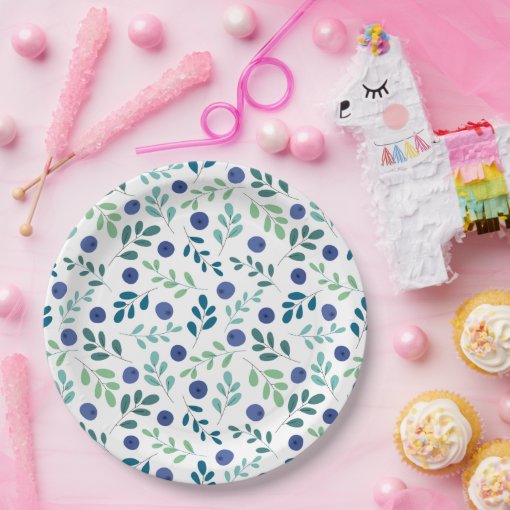 Blueberries with Green Leaves Pattern Paper Plates | Zazzle