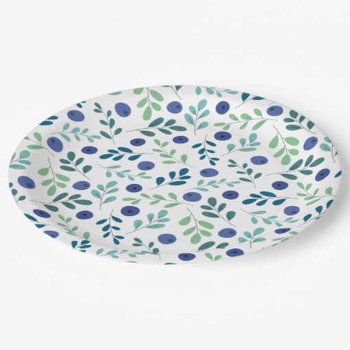 Blueberries with Green Leaves Pattern Paper Plates | Zazzle