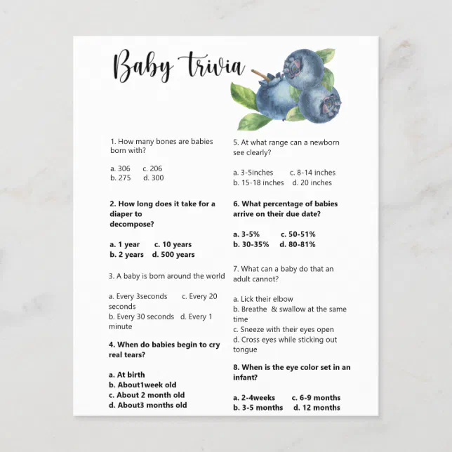Blueberry - Baby Trivia Baby Shower Game | Zazzle