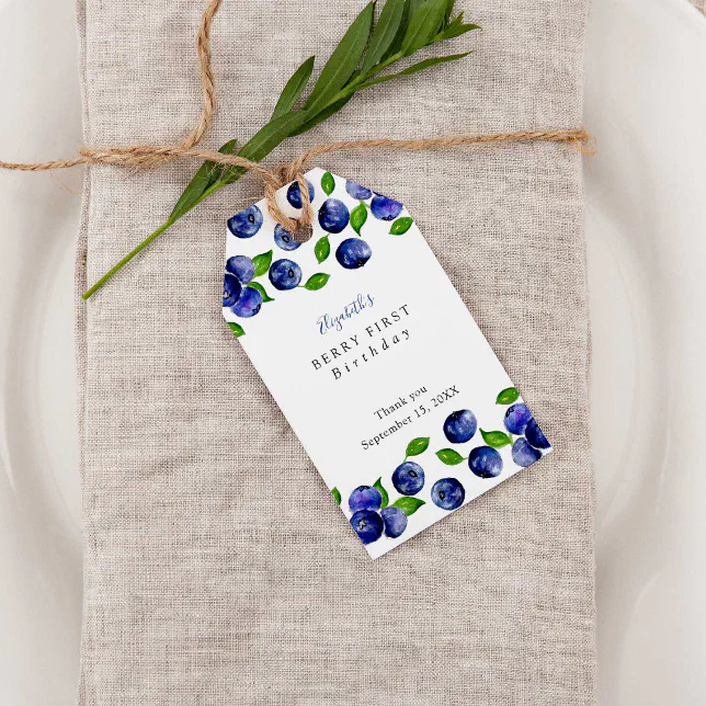 Blueberry Berry First Birthday Watercolor Cute Gift Tags | Zazzle