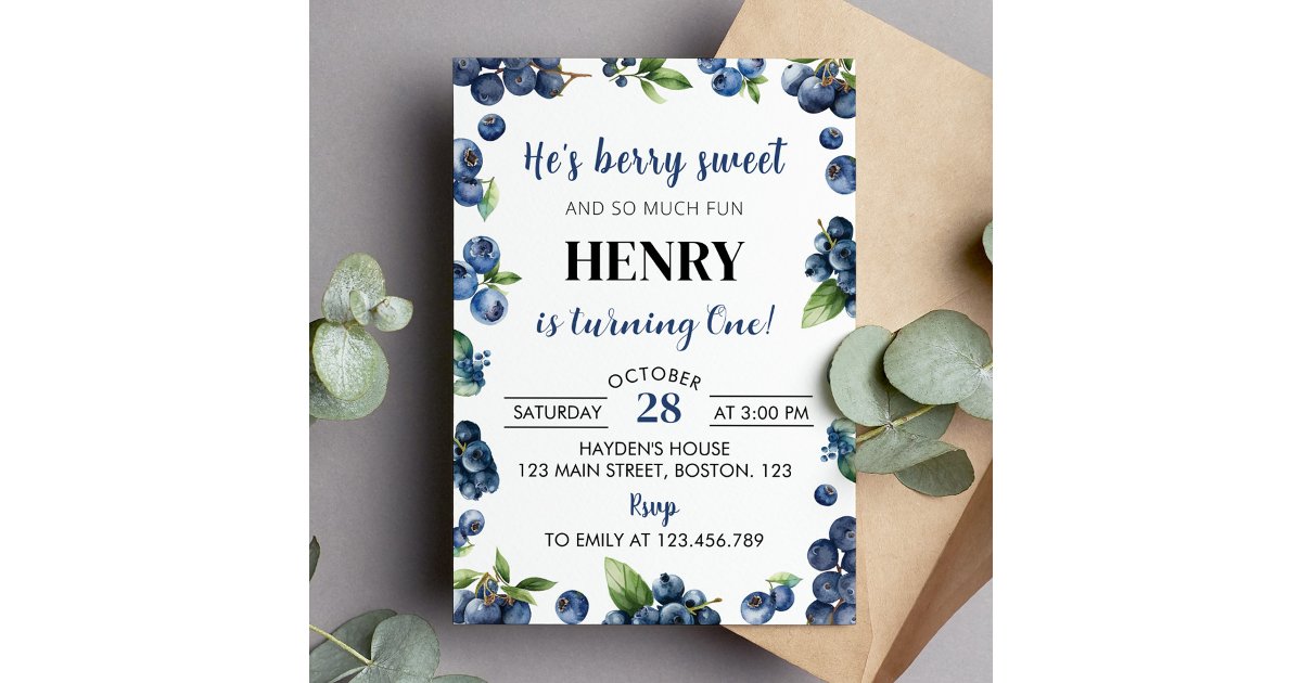Blueberry Berry Sweet 1st Birthday Invitation | Zazzle