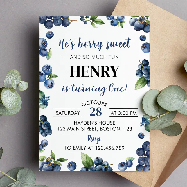 Blueberry Berry Sweet 1st Birthday Invitation | Zazzle