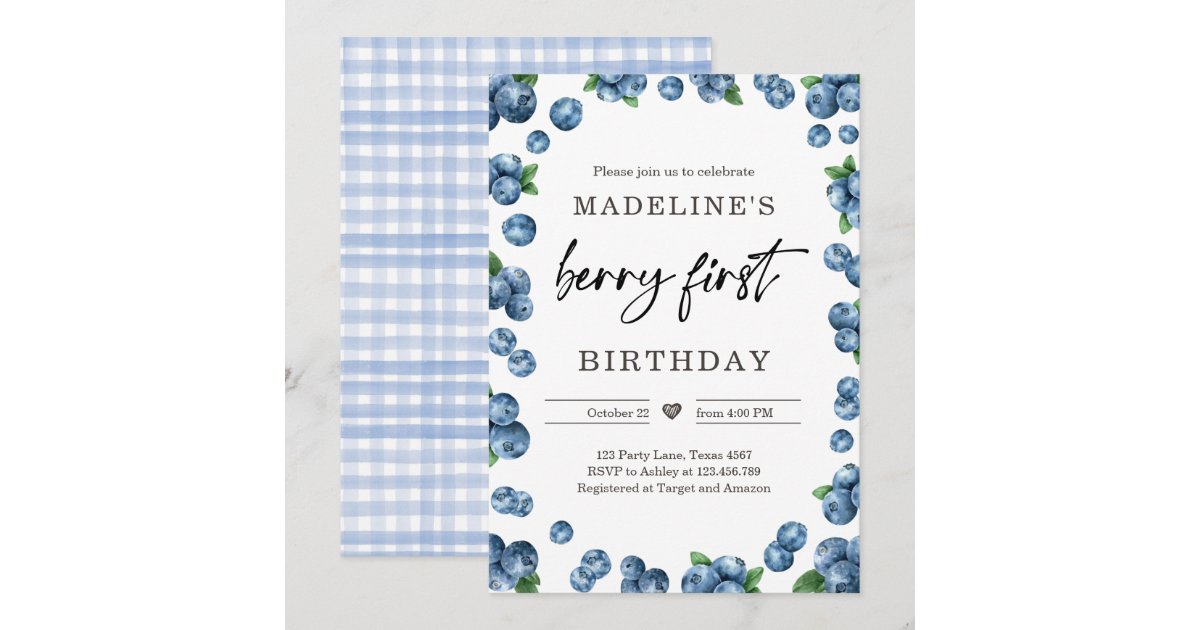 Blueberry Berry Sweet 1st First Birthday Invitation | Zazzle