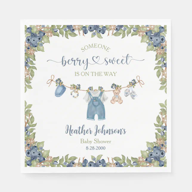 Blueberry Berry Sweet Clothesline Baby Shower Napkins | Zazzle