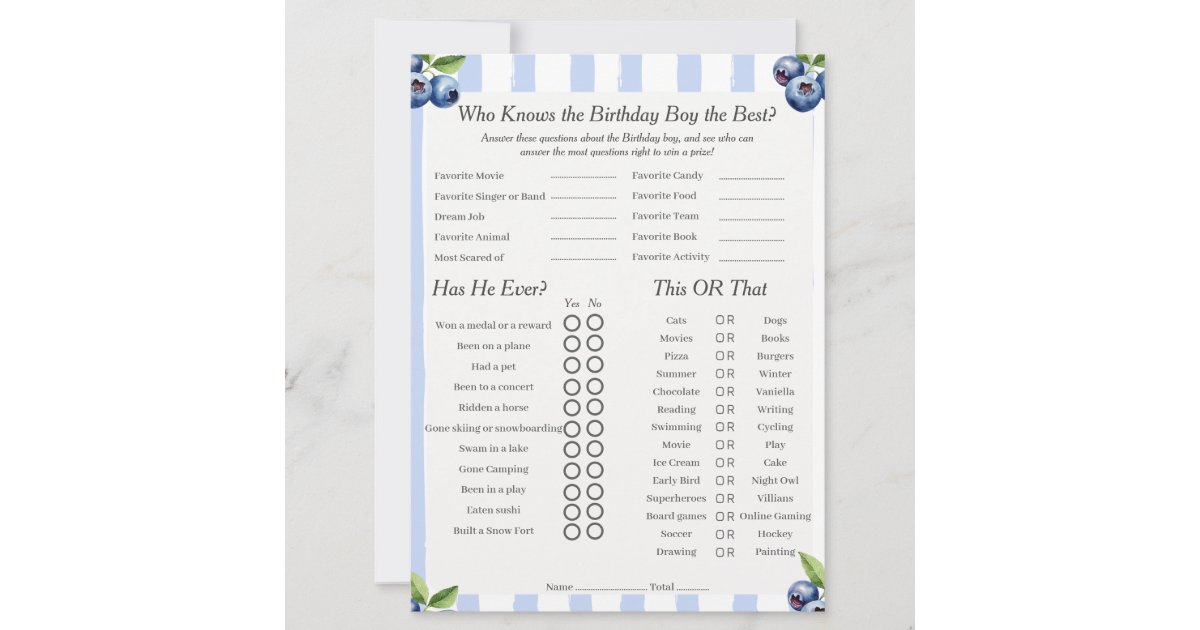 Blueberry Birthday boy Trivia Trio Game card | Zazzle
