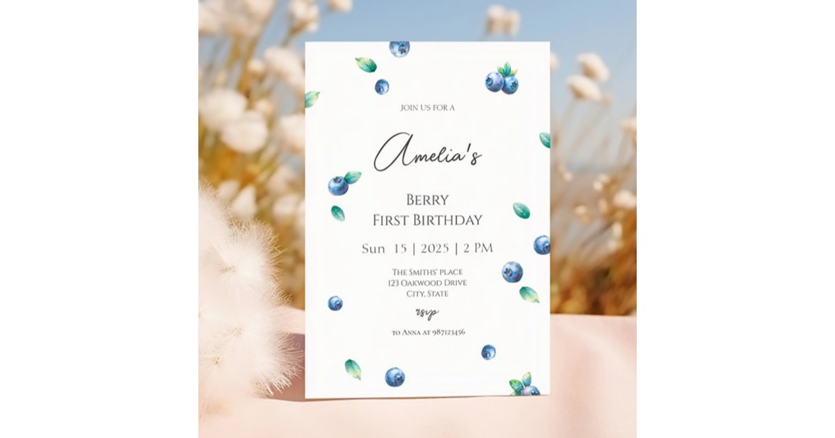 Blueberry Birthday Party Berry Sweet Watercolor Invitation | Zazzle