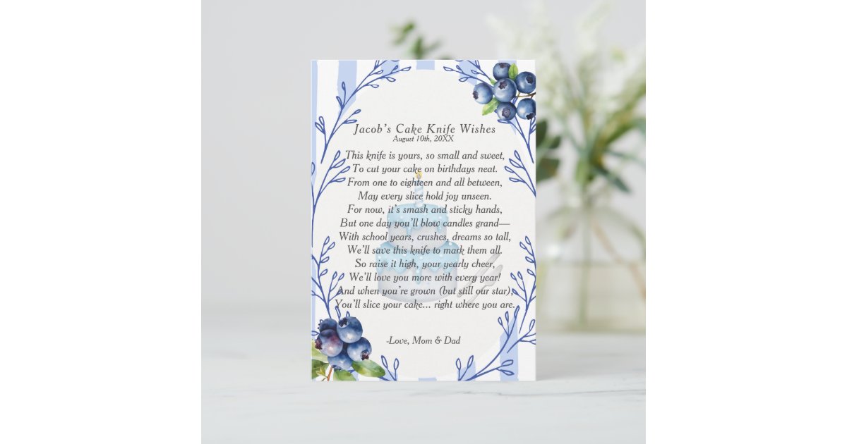 Blueberry First Birthday Cake Knife Poem Invitation | Zazzle