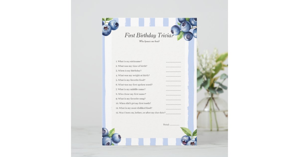 Blueberry First Birthday Trivia game card | Zazzle