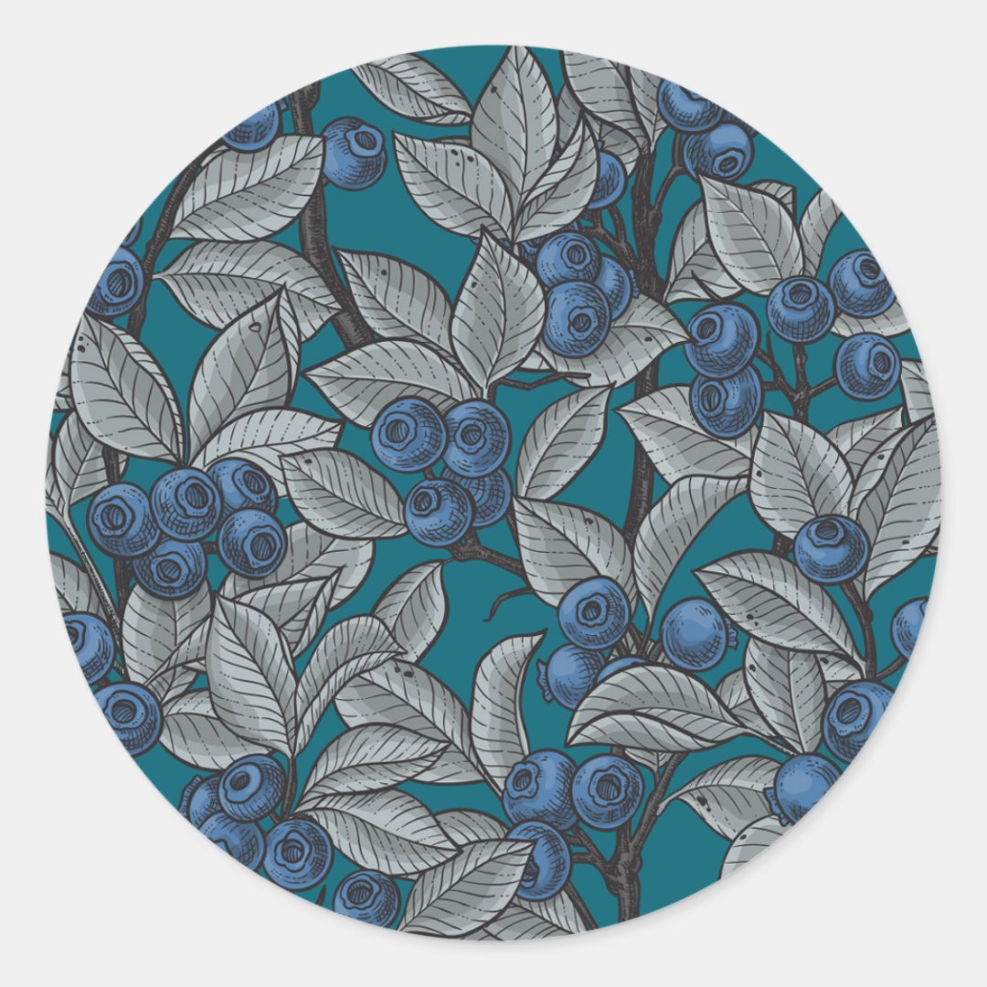 Blueberry garden, blue and gray classic round sticker | Zazzle
