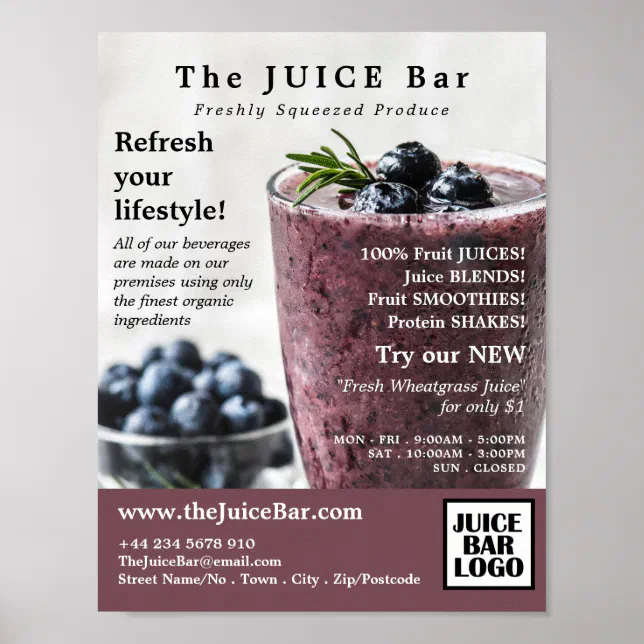 Blueberry Smoothie, Juice Bar Advertising Poster | Zazzle