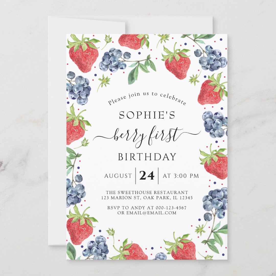 Blueberry Strawberry Sweet Berry First Birthday Invitation | Zazzle