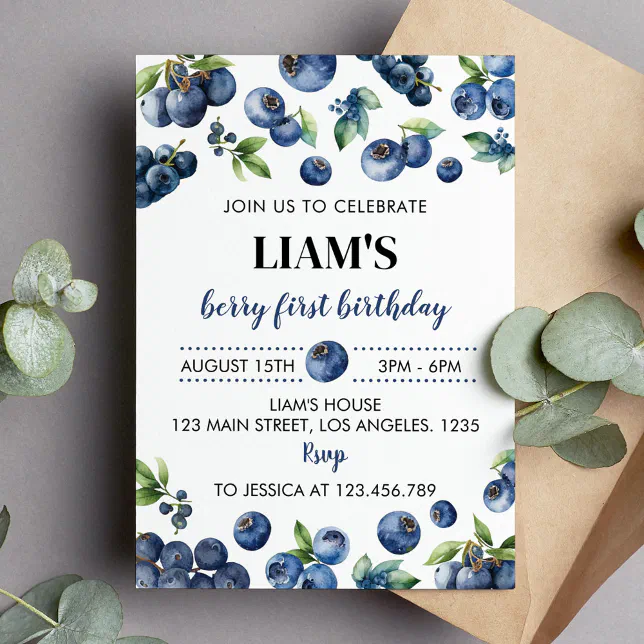 Blueberry Sweet 1st Birthday Invitation | Zazzle