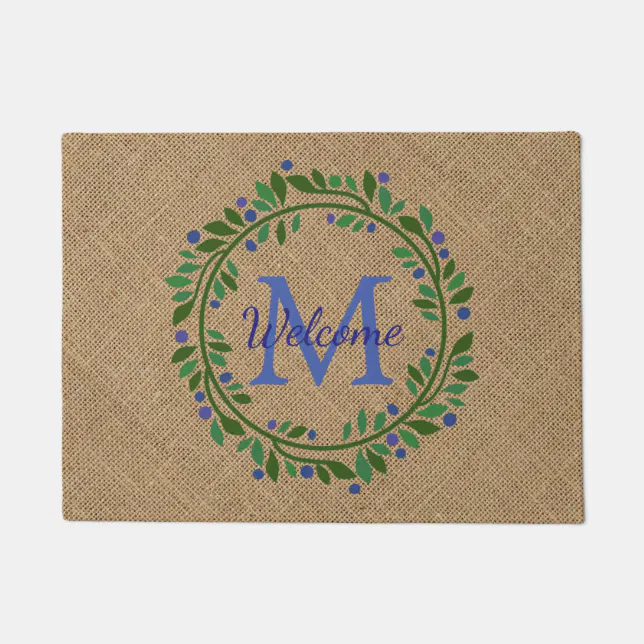Blueberry Wreath and Burlap Monogram Doormat | Zazzle