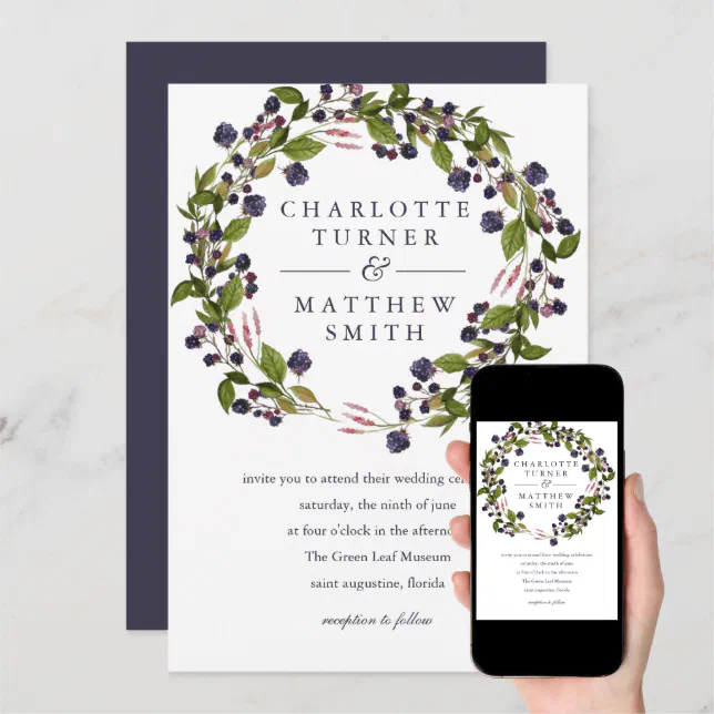 BlueBerry | Wreath Wedding Invitation | Zazzle