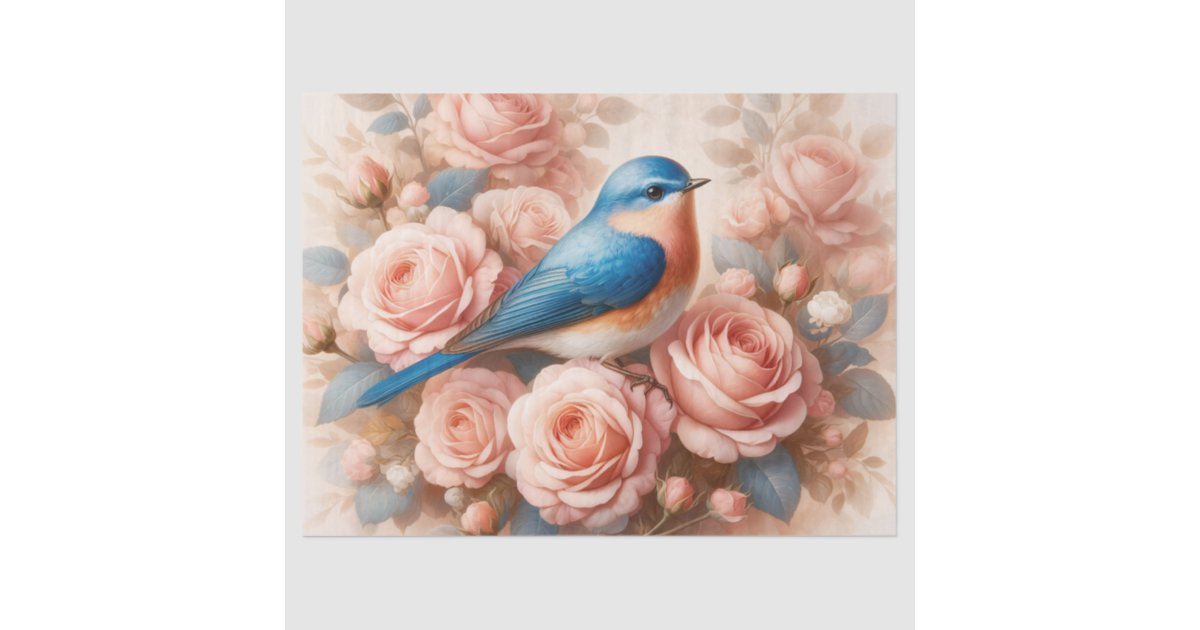 Bluebird and Blush Pink Roses Decoupage Tissue Paper | Zazzle