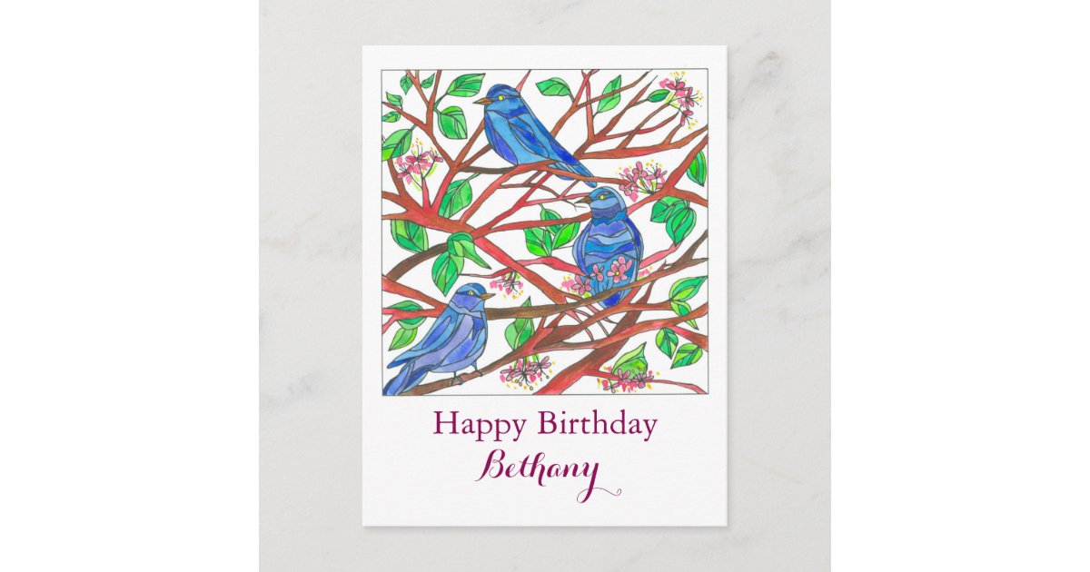 Bluebird Drawing Custom Name Happy Birthday Postcard | Zazzle