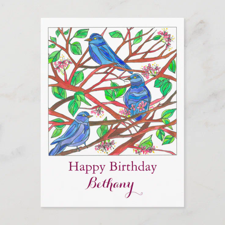 Bluebird Drawing Custom Name Happy Birthday Postcard | Zazzle