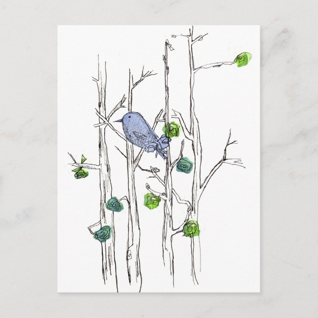 Bluebird Trees Pen and Ink Drawing Nature Art Postcard | Zazzle
