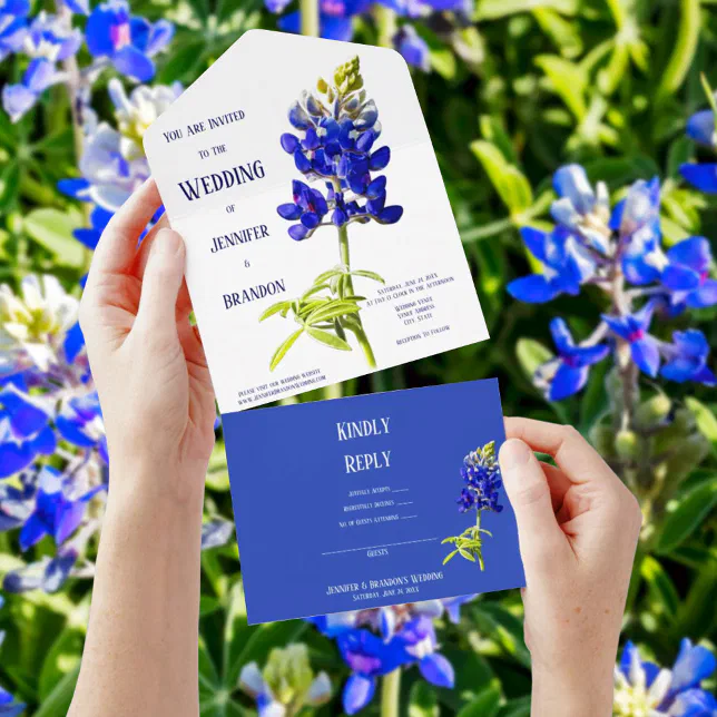 Bluebonnet Floral on White, Wedding All In One Invitation | Zazzle