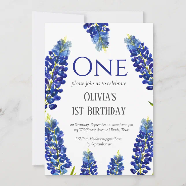 Bluebonnets First Birthday Blue Floral Birthday Invitation | Zazzle