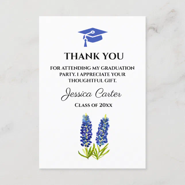 Bluebonnets Floral Graduation Thank you Enclosure Card | Zazzle