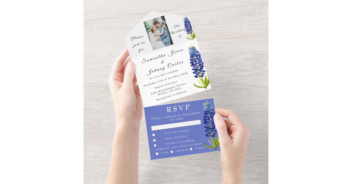 Bluebonnets Texas Navy Blue Floral Photo Wedding All In One Invitation ...