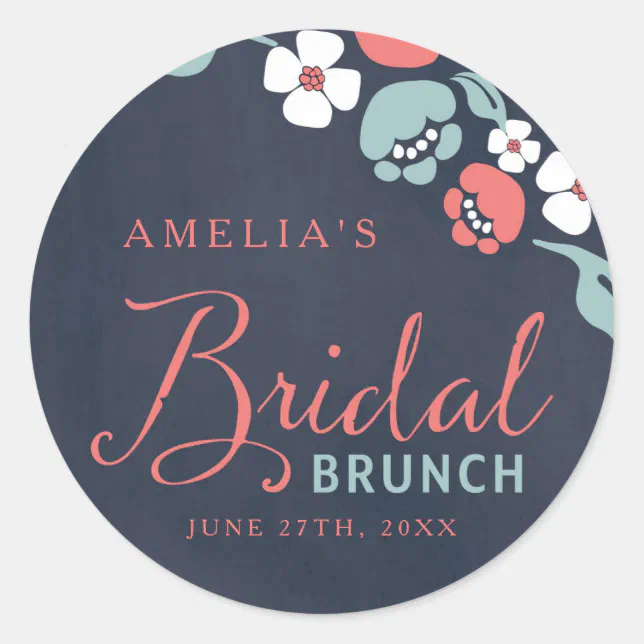 Bluish Chalkboard Floral Bridal Brunch Round Classic Round Sticker | Zazzle