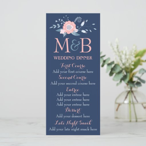 Blush and blue wedding dinner menu template | Zazzle