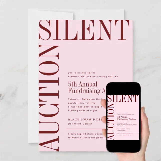 Blush and Burgundy Large Text Silent Auction Invitation | Zazzle