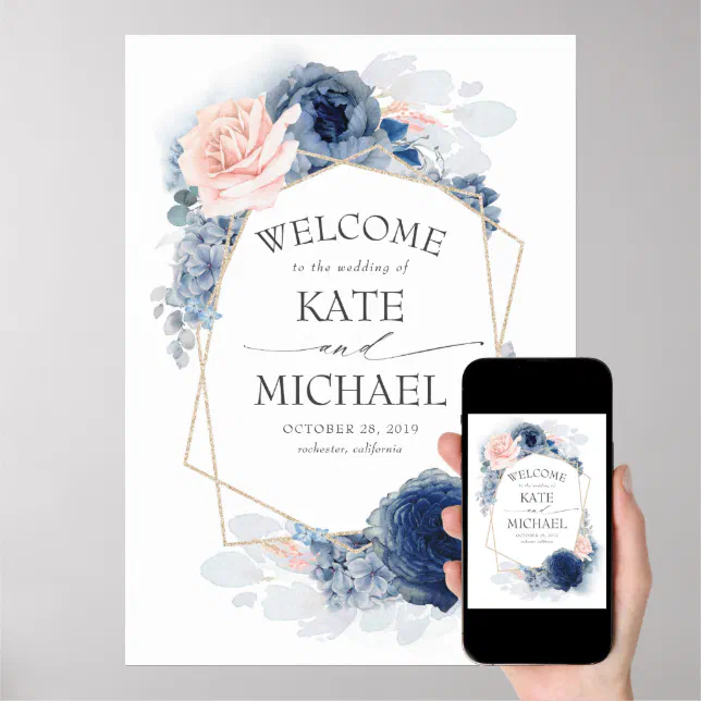 Blush and Dusty Blue Floral Wedding Welcome Poster | Zazzle