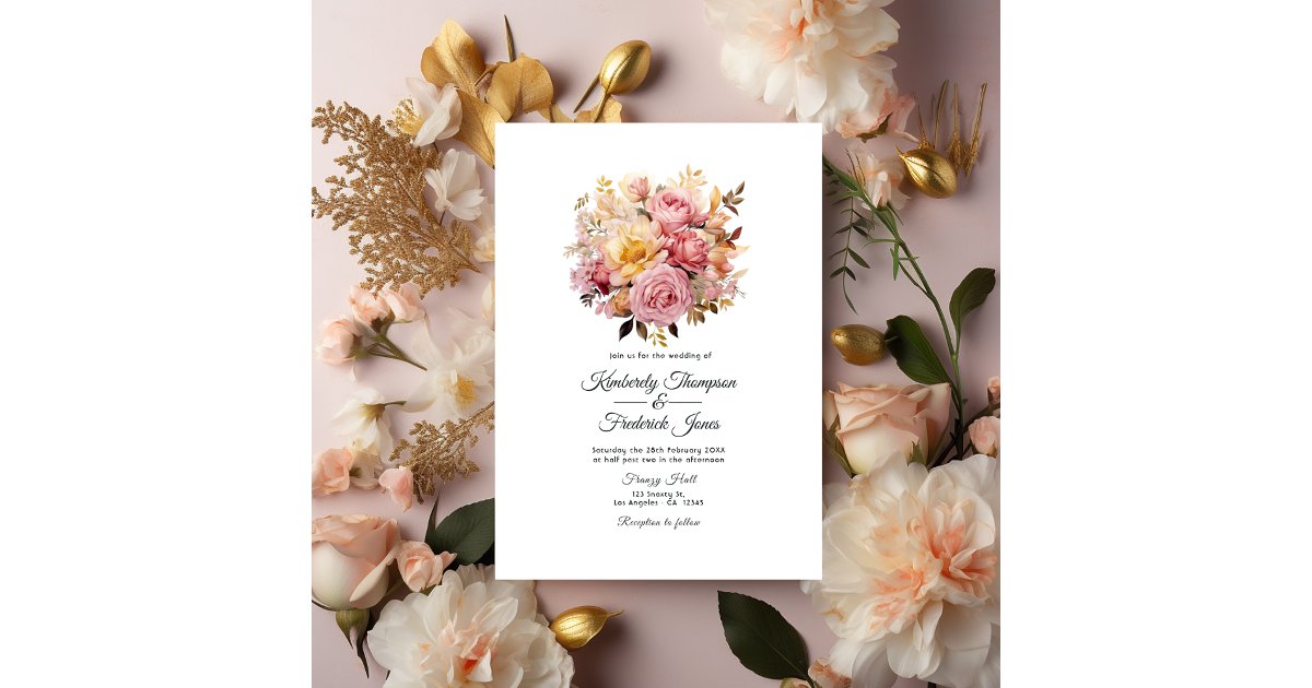 Blush and Gold Floral Wedding Invitation | Zazzle