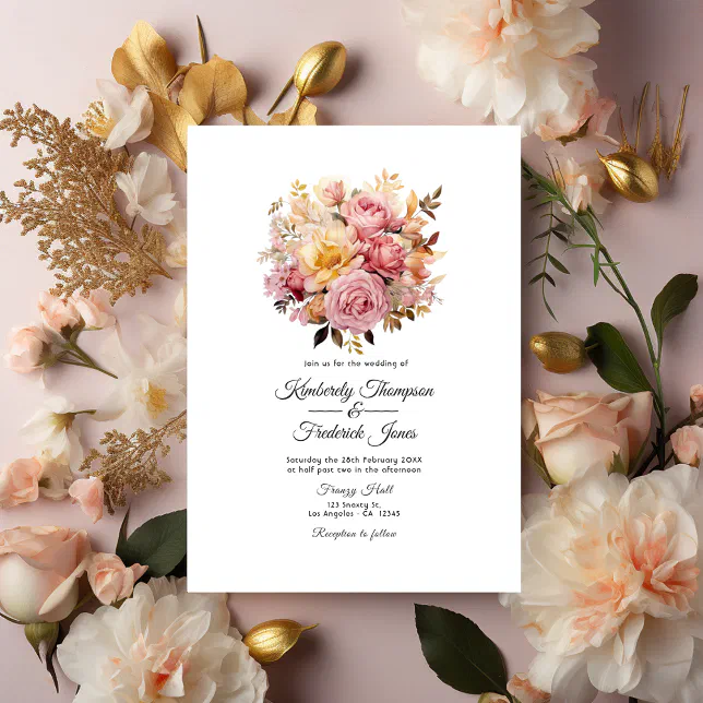 Blush and Gold Floral Wedding Invitation | Zazzle