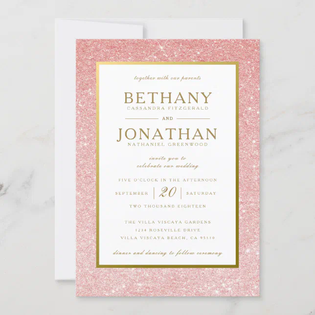 Blush and Gold Glitter Wedding Invitation | Zazzle