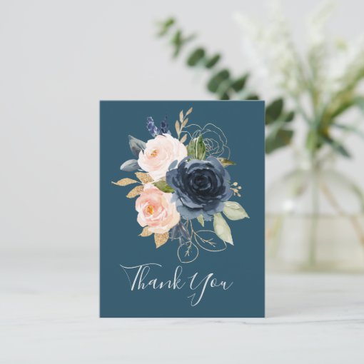 Blush and Navy Flowers | Blue Thank You Postcard | Zazzle