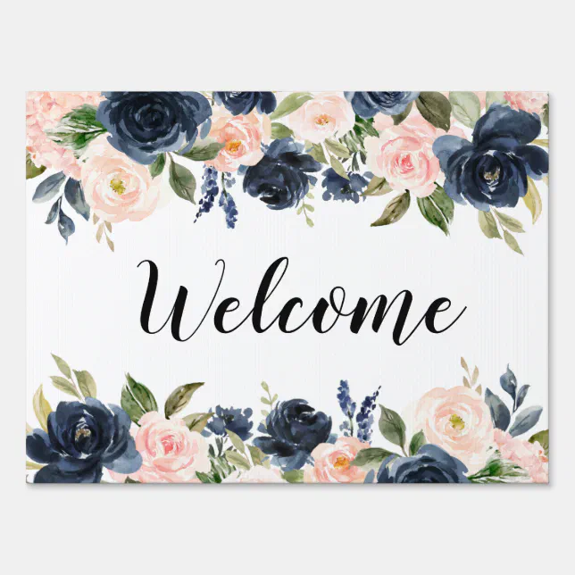 Blush and Navy Welcome Sign Floral Bridal Shower | Zazzle