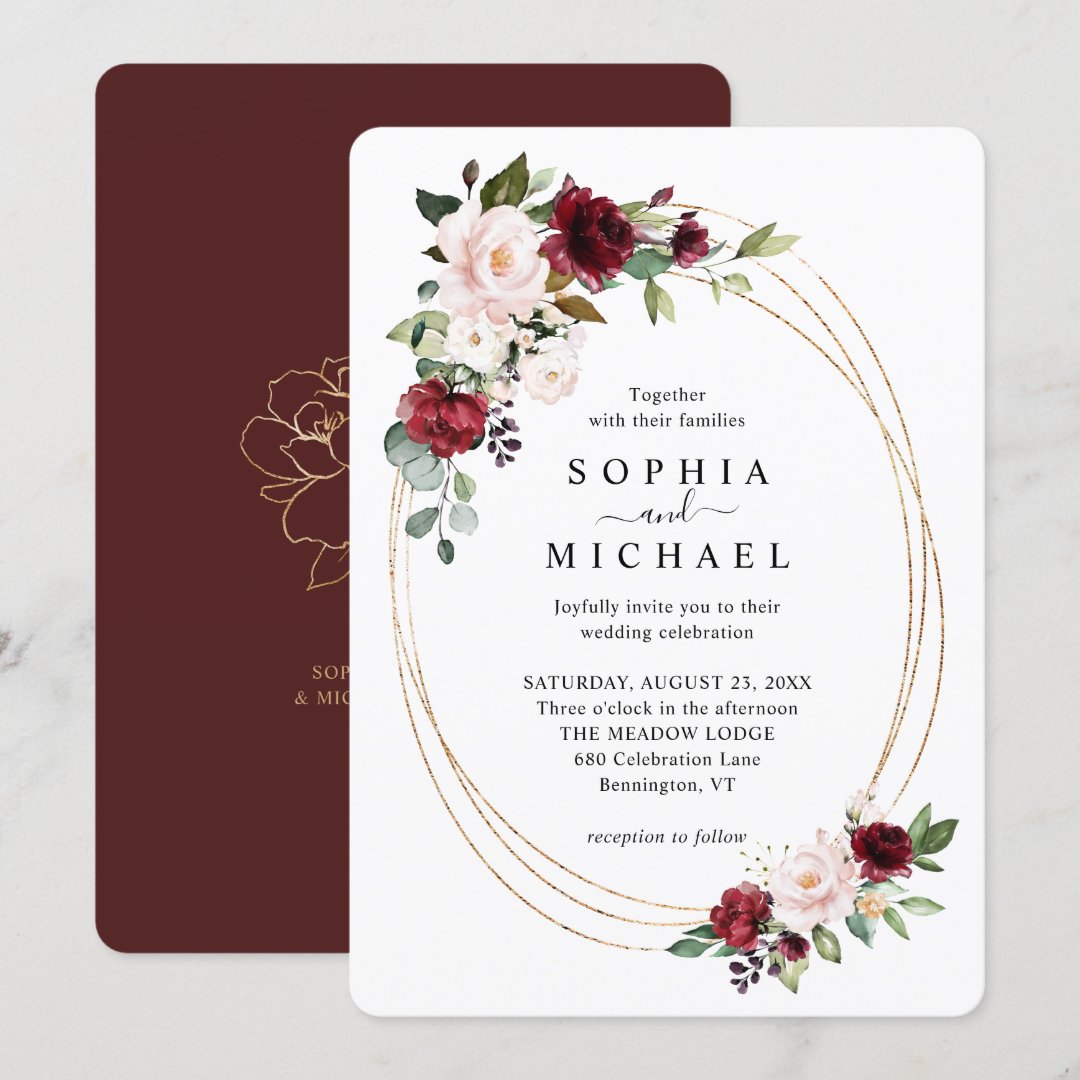Blush and Wine Floral Gold Oval Shape Wedding Invi Invitation | Zazzle