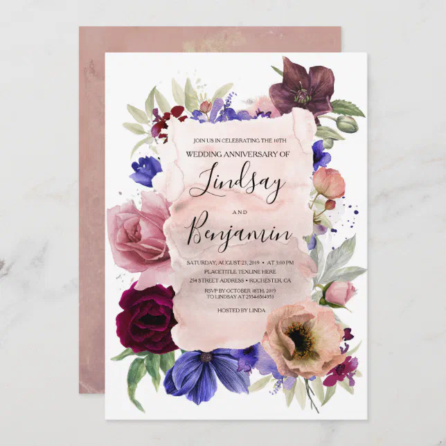 Blush Blue and Burgundy Floral Wedding Anniversary Invitation | Zazzle