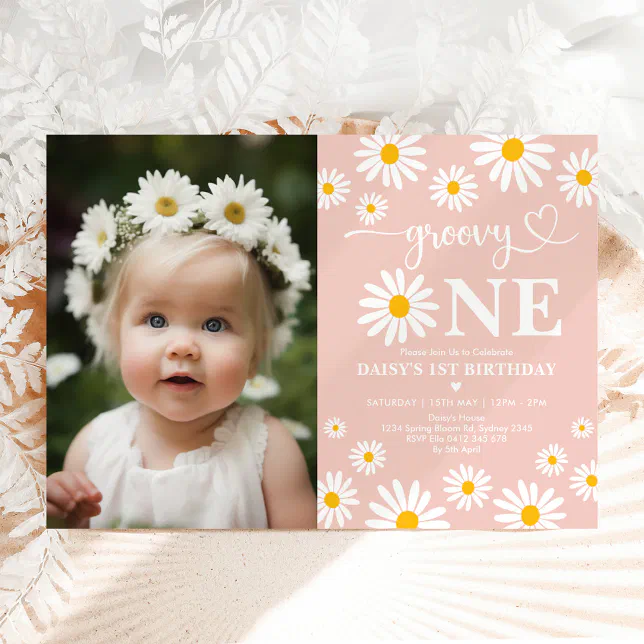 Blush Boho Daisy Groovy One 1st Birthday Photo Invitation | Zazzle
