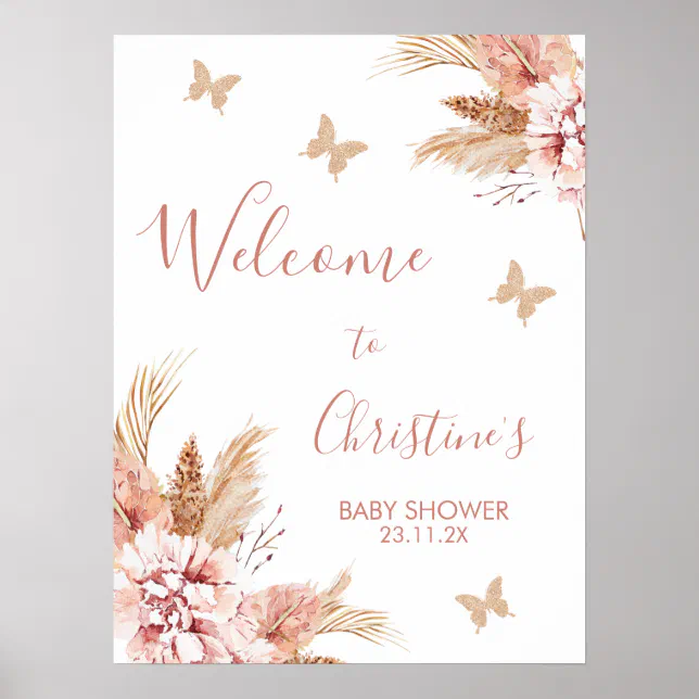 Blush Boho Floral Butterfly Kisses Baby Welcome P Poster | Zazzle