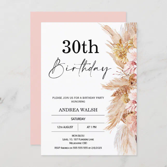 Blush Boho Pampas Grass 30th Birthday Invitation | Zazzle