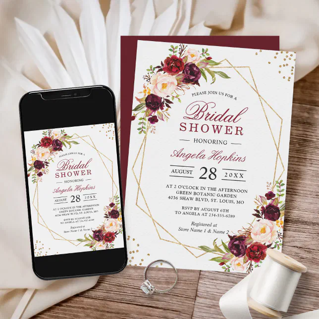 Blush Burgundy Floral Gold Frame Bridal Shower Invitation Zazzle